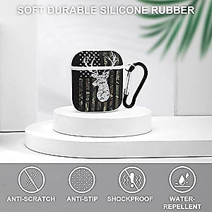 Shockproof Case Cover Compatible with AirPods 1 / 2 Wireless Charging Case Deer Camo Camouflage American Flag Hunting Black, Full Protective Plastic Cover with Keychain, LED Visible - White