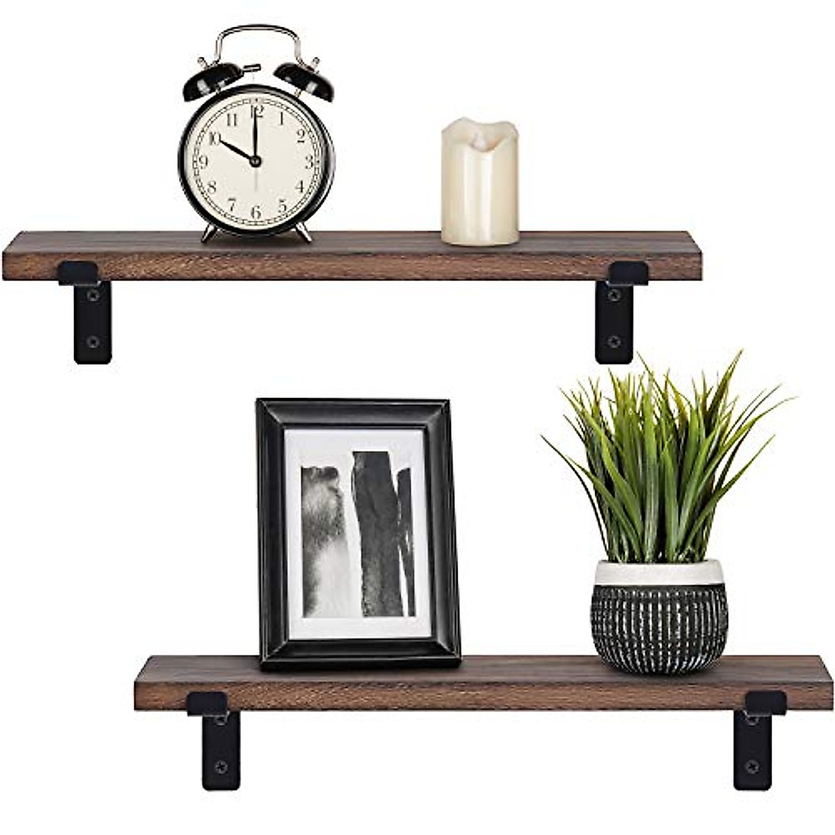 Mkono Floating Shelves Wall Mounted Rustic Wood Wall Shelf Modern Storage Shelving with L Brackets for Home Decor Bathroom Bedroom Living Room Kitchen Office Set of 2, Brown, 17"