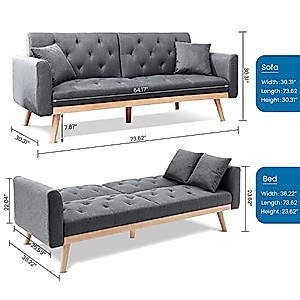 AWQM Convertible Sofa Bed, Fabric Linen Folding Futon Sofa Bed,Upholstered Loveseat Futon Couch Bed,Adjustable Couch Sleeper w/Wood Legs,Pull Out Couch for Small Space, Living Room,Office,Dark Grey