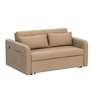 Antetek 3-in-1 Sleeper Sofa Bed w/USB Port, Modern Convertible Tufted Velvet Upholstered Pull Out Futon Couch, 55" W Small Loveseat Sofa for Office Living Room Small Space, Khaki