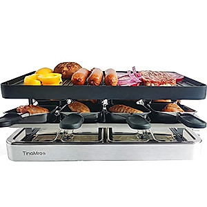 TinaMros 3 Layers with Lid 1500W Portable Non-Stick Reversible 2 in1 Electric Raclette Grill Table for 8 Paddles and Person