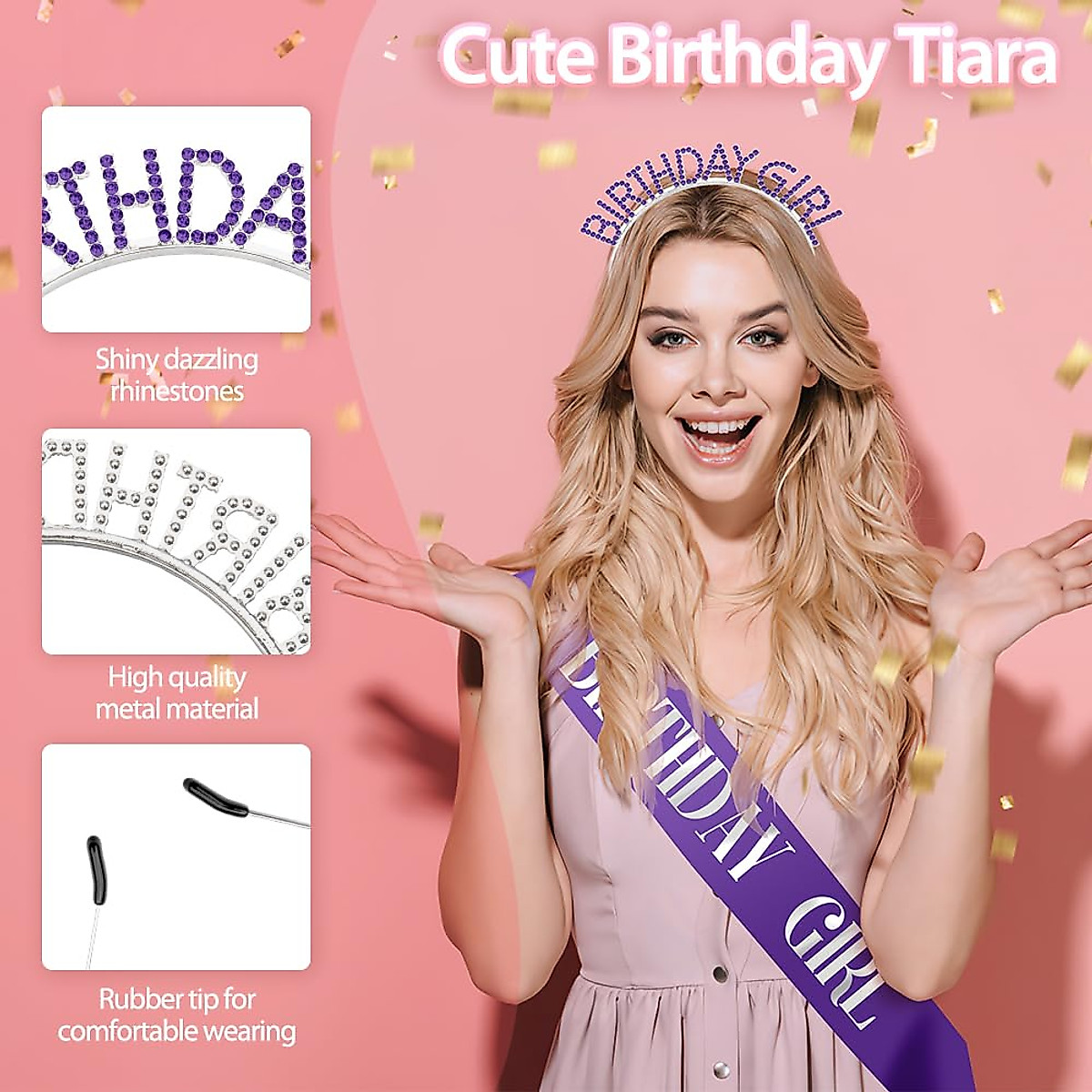 Birthday Sash Birthday Crown for Women, Birthday Girl Sash, Birthday Girl Crown, Purple Birthday Sash and Crown Rhinestone Headband Set, Happy Birthday Girl Princess Tiara Sash Accessories Gifts