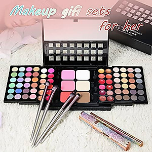 Full Makeup Gift Sets For Women - 78 Colors Makeup Palette Include Eyeshadow,Lipstick,Blush,Contour,Concealer, Mascara, Eyebrow Powder, Eyeliner Pencil, Mirror + 4Pcs Metallic Makeup Brushes