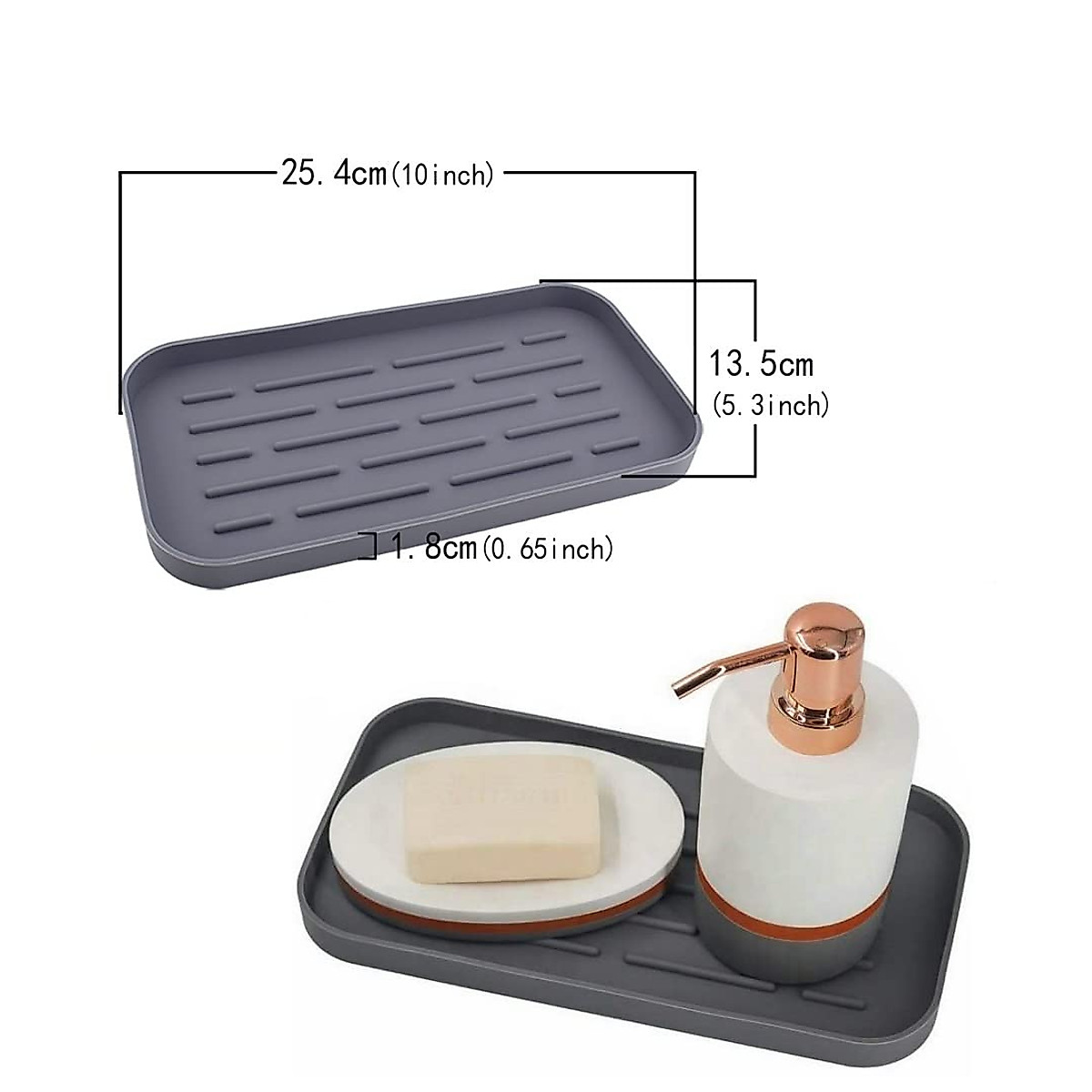 BuRuiJi Sponge Holder for Kitchen Sink,Silicone Sink Tray for Sponge, Soap Dispenser, Scrubber, and Other Kitchen Sink Accessories 10”x 5.3” (Grey)