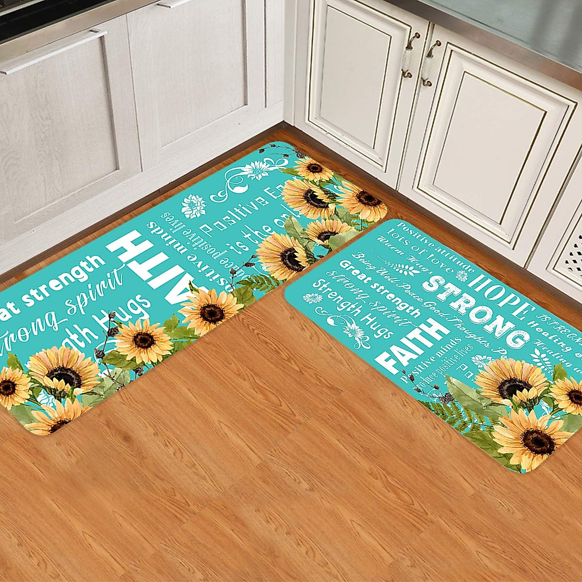 Sunflowers Hope Kitchen Rugs and Mats 2 Pieces,Positive Attitude Words Turquoise Decorative Carpet Floor Mat for Home Area Runner Non Slip Doormat