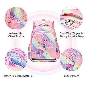 YCBB Rainbow Mermaid Kids Backpacks for Girls School Bookbags Set with Lunch Tote Bag Lightweight Preschool Kindergarten Elementary School Backpacks
