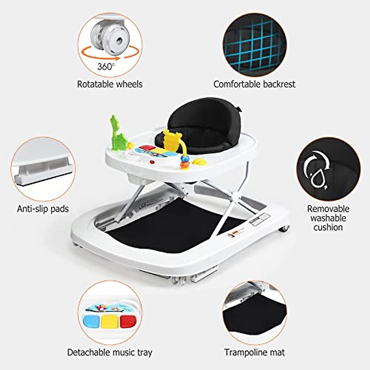 INFANS Foldable Baby Walker, 3 in 1 Toddler Walker Bouncer, Learning-Seated, Walk-Behind, Music, Adjustable Height, High Back Padded Seat, Detachable Trampoline Mat, Activity Walker with Toys (Grey)