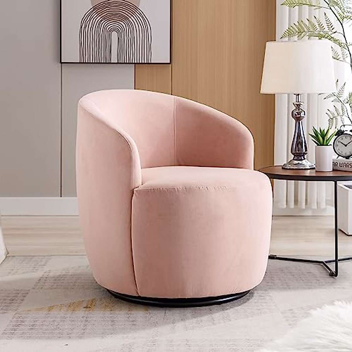 CALABASH Swivel Barrel Chair for Living Room, Accent Round 360° Swivel Club Chairs, Velvet Upholstered Modern Arm Chairs for Nursery, Bedroom, Office, Hotel, Pink