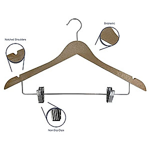 USTECH Bowed Shaped Eco-Friendly Clothes Hangers with Clips | Heavy Duty Wood Finish Hanger for Suits, Pants, and Skirts | Closet Space Saver with Shoulder Notch for Strappy Dresses | Pack of 10
