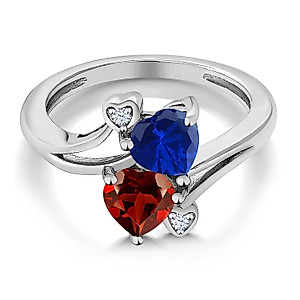 Gem Stone King 925 Sterling Silver Blue Created Sapphire Red Garnet Ring For Women (1.73 Cttw, Heart Shape 6MM, Gemstone September Birthstone, Available In Size 5, 6, 7, 8, 9)