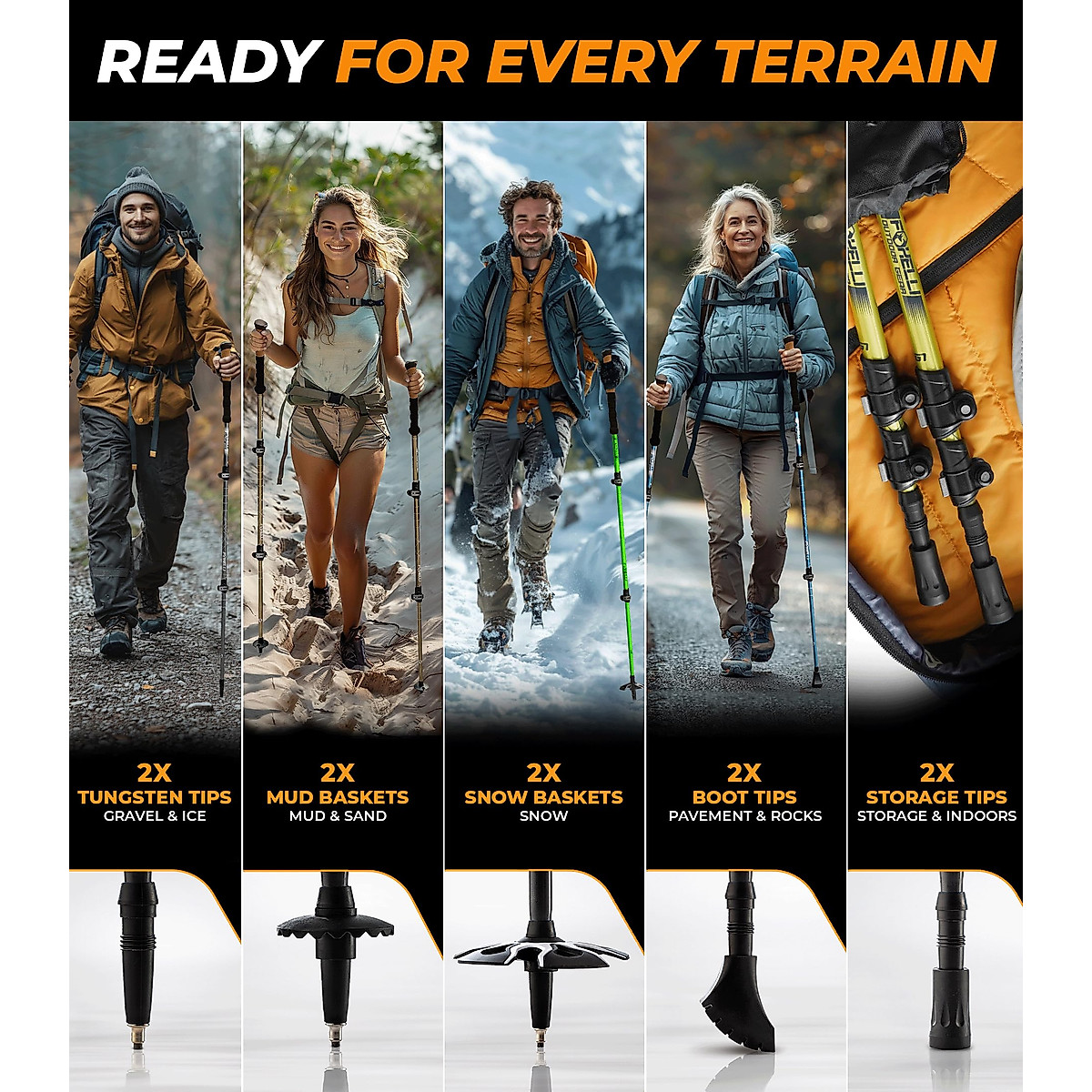 Foxelli Hiking Poles – Lightweight & Collapsible with Comfortable Cork Grips, Easily Adjustable for All Heights, Includes Carry Bag and Accessories