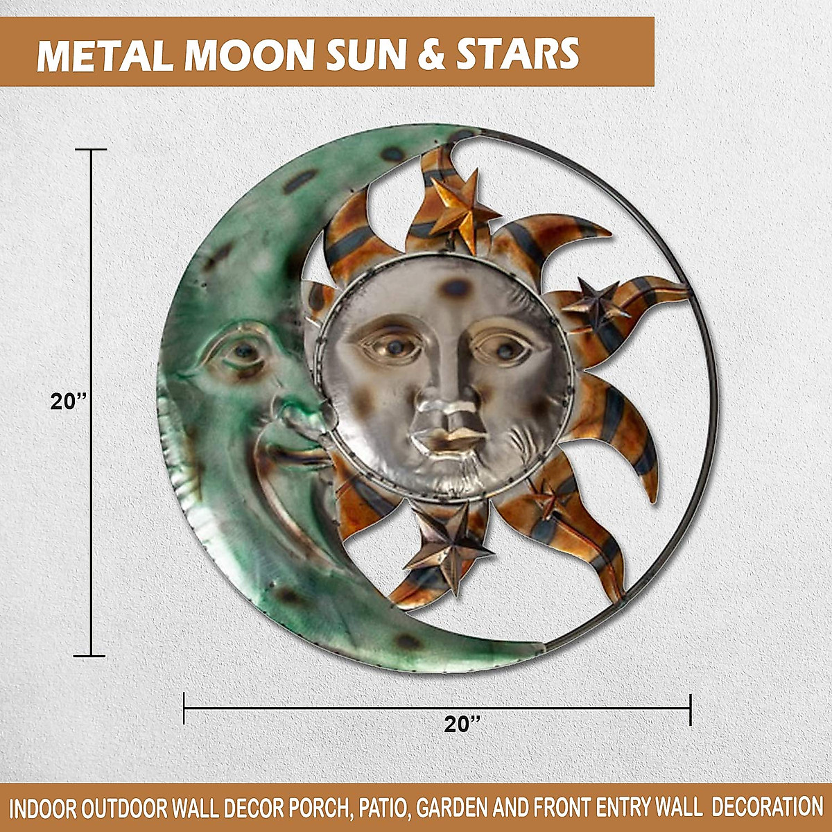 Metal Wall Art Crescent Moon Sun Stars Indoor Outdoor Garden Wall Hanging Decor 20 inches