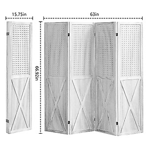 Leesinwing 4 Panel Pegboard Display, 5.6Ft Wood Room Dividers and Folding Privacy Screens, Peg Board Room Divider, Portable Display Board Organizer for Art, Jewelry, Crafts Display Racks, Off White