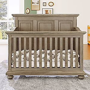 Merax Stone Gray 2 Pieces Furniture, Solid Wood Bedroom Set with 4-in-1 Convertible Crib Changing Topper, 1# Dresser+Bed