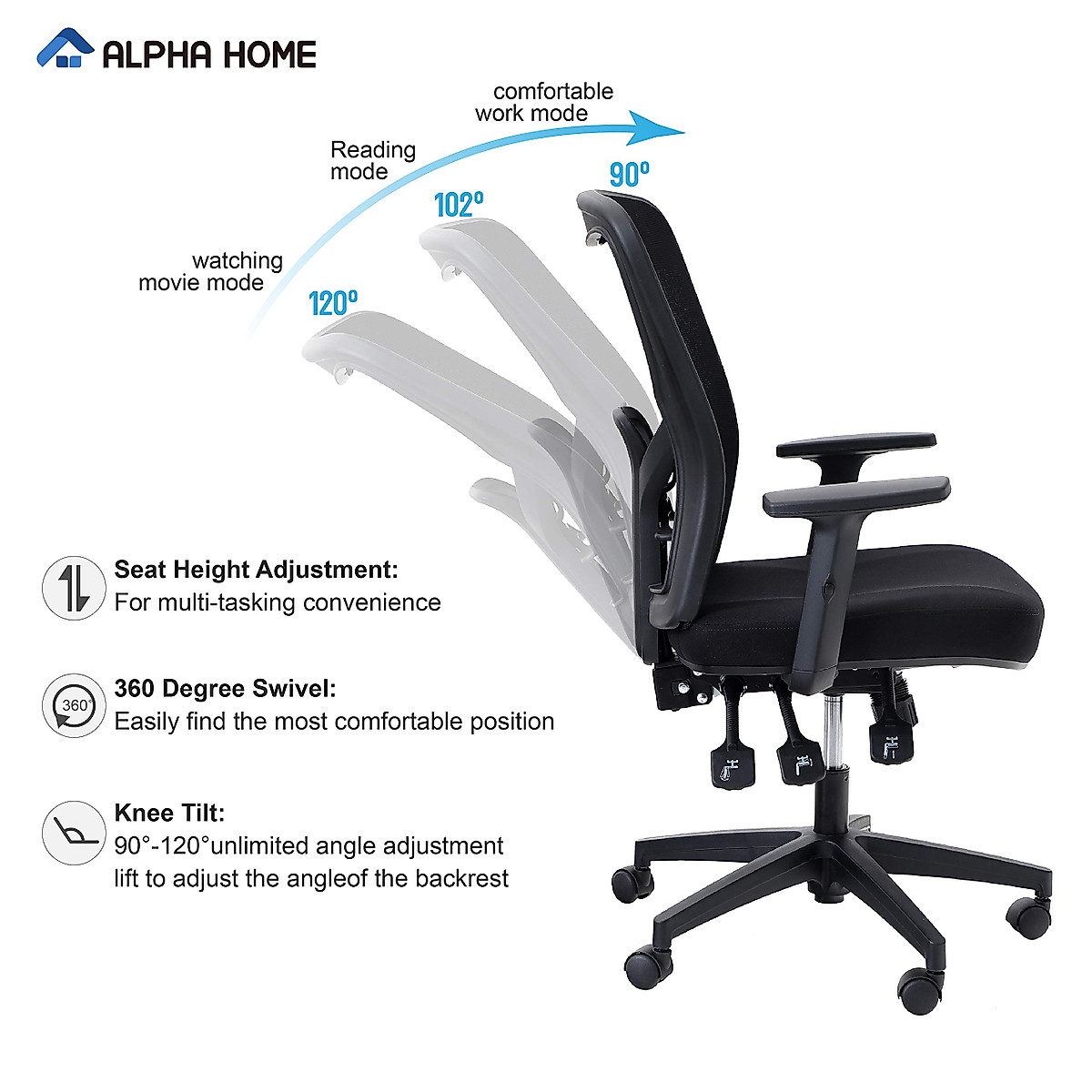 ALPHA HOME Office Chair Ergonomic Home Desk Chair Mid Back Mesh Computer Task Chair with Lumbar Support Executive Stool with Adjustable Armrest & Seat Cushion Rolling Swivel Desk Chair-Capacity 300LBS