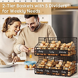 keomaisyto Fresh Egg Holder with 5 Dividers to Separate Eggs for a Week, 2 Tier Stackable Wire Baskets for Gathering Eggs, XXL Egg Rack for Countertop/Wall-Mounted, With DIY Labels (Patent Pending)