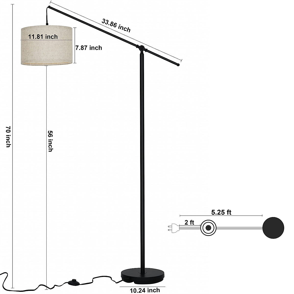 SURAIELEC Arc Floor Lamp, Overhang Cantilever Standing Floor Lamp for Couch, Sofa, Reading, Living Room, Bedroom, Adjustable Balance Arm, Natural Linen Drum Shade, Matt Black Metal Pole, Foot Switch