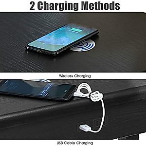 Costzon Floor Lamp, Swing Arm Lamp w/Wireless Charger, Side Table, 2 USB Ports, Open Shelves & Shade, Modern Bedside Nightstand Lighting for Living Room, Bedroom, Guest Room, End Table Lamp (Black)