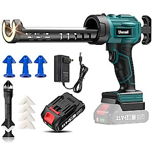 Uaoaii Cordless Caulking Gun, 20V Electric Caulk Adhesive Gun w/2.0Ah Li-Battery & Charger, LED Light, 4 Adjustable Speeds Drip-Free Caul Gun w/ 3 in 1 Caulking Tools for Filling, Sealing -10oz/300ml