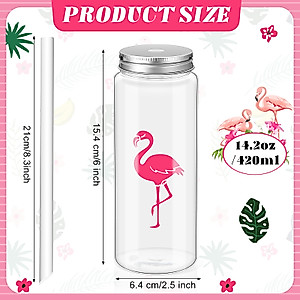 SiliFine 24 Pack Cups 14.2 oz Plastic Tumbler with Lid and Straw Clear Reusable Cups with Lids and Straws Cups for Birthday Party Supplies(Flamingo)