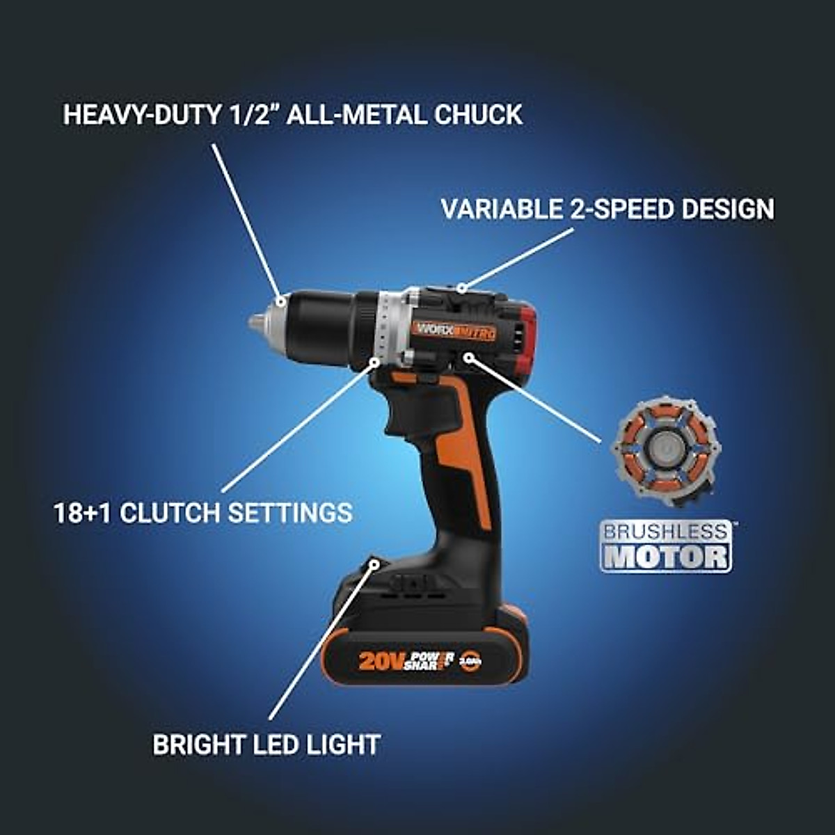 Worx Nitro 20V Cordless 1/2" Drill Driver with Brushless Motor, Compact & Lightweight Drill Set Only 6" and 3 lbs., Cordless Drill Power Share Compatible WX130L – Batteries & Charger Included