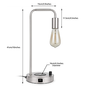 JS NOVA JUNS USB Desk Lamp – Table Lamp with Wireless Charging Pad and USB Port, Edison Bedside Nightstand Lamp with Metal Base for Guestroom Bedroom Living Room Office, Satin Nickel