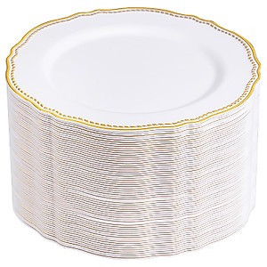Hioasis 60pcs Gold Plastic Plates - White and Gold Trim Disposable Plates - 10.25 inch Gold Disposable Dinner Plates Perfect for Wedding & Party