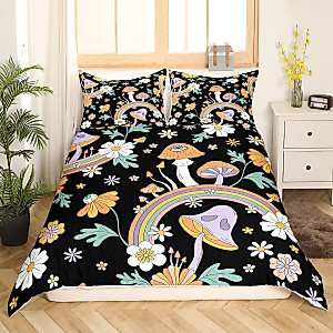 Erosebridal Trippy Mushroom Duvet Cover Queen Groovy Floral Bedding Set Cute Rainbow Comforter Cover with Zipper Closure Two Groovy Party Boho Hippie Mushroom Bed Sets Retro Party Decorations Bedding