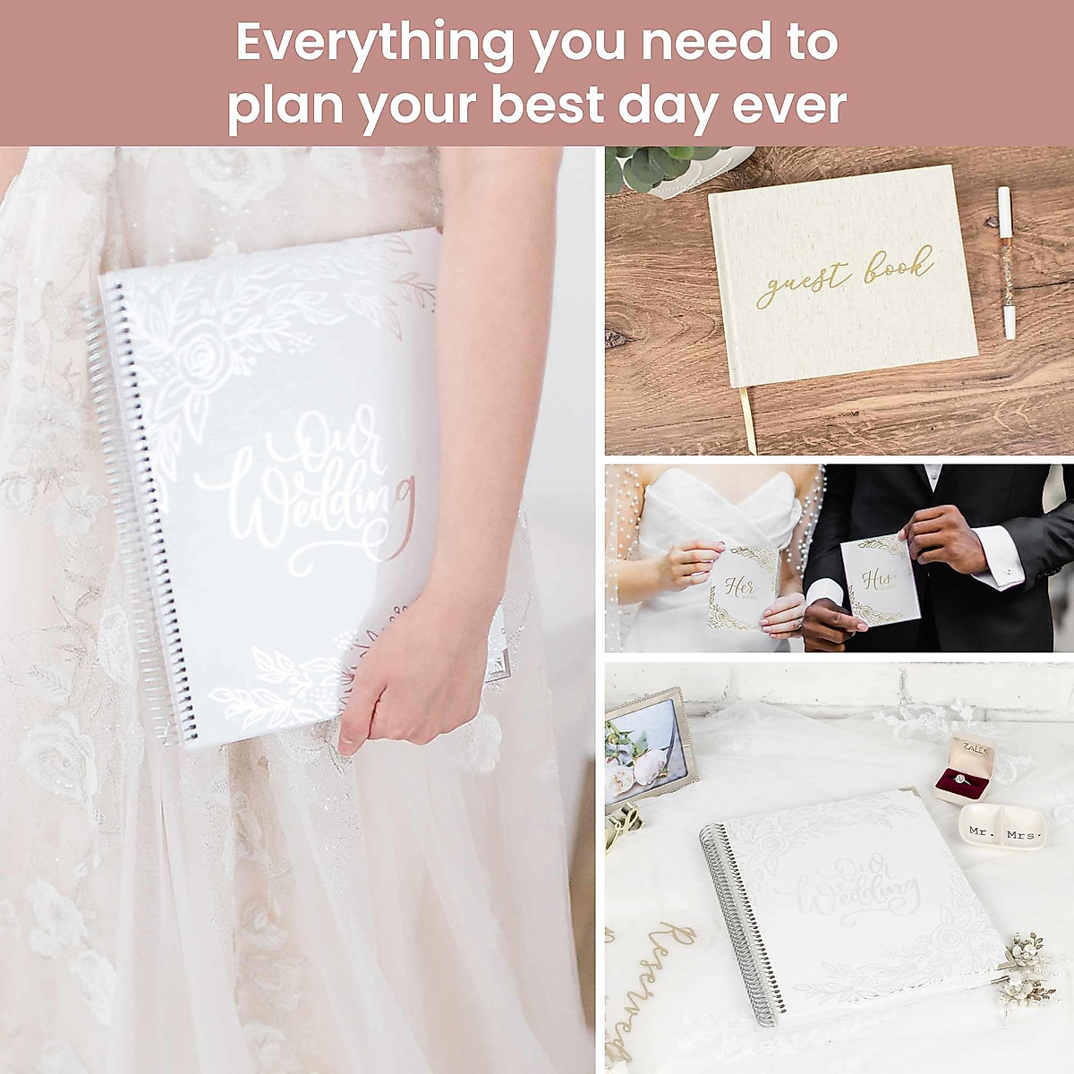 bloom daily planners Wedding Planner & Organizer/Hardcover Keepsake Journal with Essential Planning Tools - Checklists, Vision Boards, Tips & More - 9"x11" - Silver Floral (Undated)