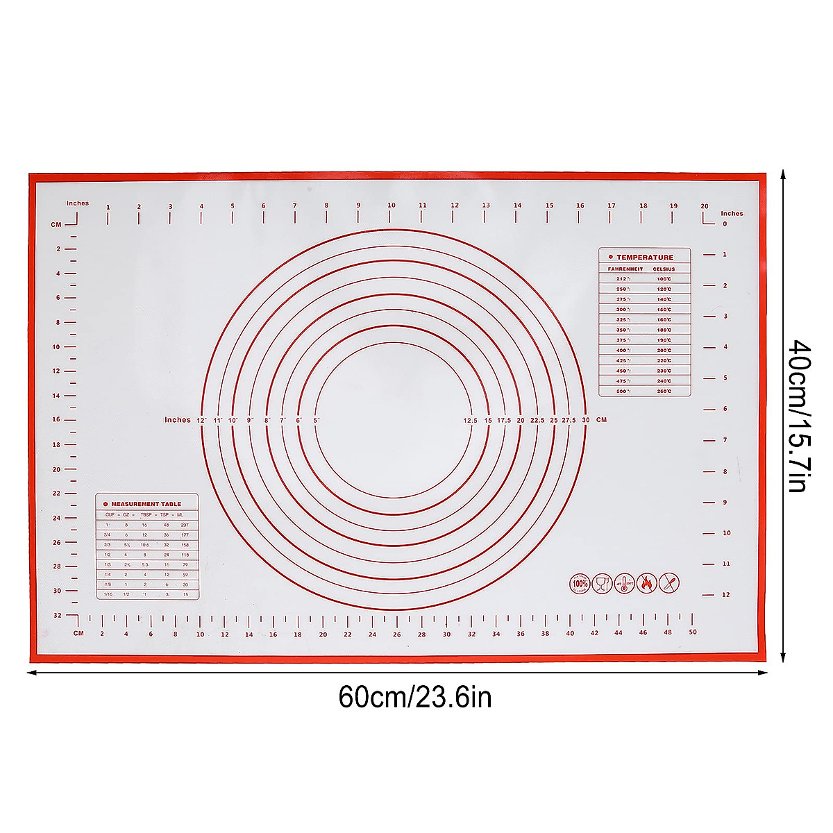 Silicone Measurement Pastry Mat, Reusable Non Stick Baking Mat with Inch CM Measurement for Dough Rolling Fondant Pizza Cookies Making, Large Pie Crust Mat, 23.6x15.7 Inch(Red)
