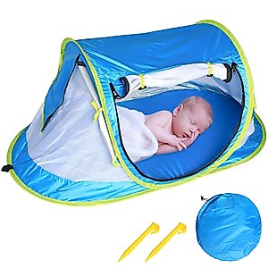 EAHTHNI Portable Baby Travel Bed Durable Beach Tent Sun Shelters with Moisture-Proof Protection for Infant from Sunburn 49 Inch 2 Pegs and Bag, Blue