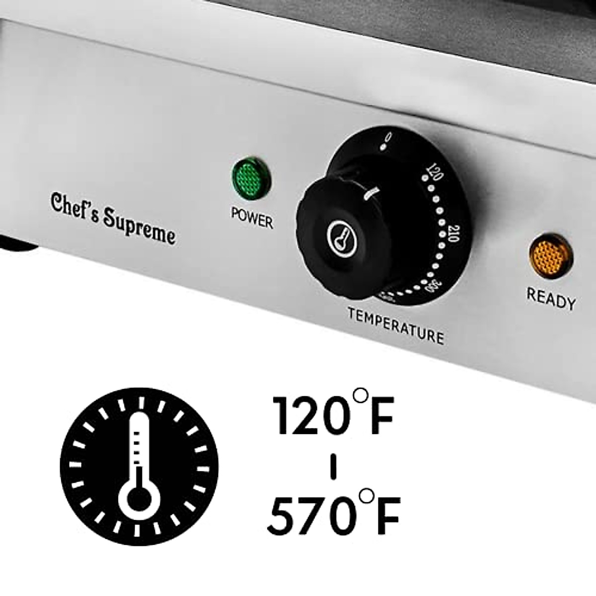 Chef's Supreme Commercial Panini Grill, 14" x 9" Non Stick Grooved Plates, 120V 2200W, 120F - 570F Heat Control, Perfect for Sandwiches, Burgers, Steaks and More
