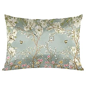Envelope Closure Satin Pillowcase for Hair and Skin Silk Pillowcase Standard Size Spring Peach Blossom Flower Pattern Pillow Cases Cooling Satin Pillow Covers