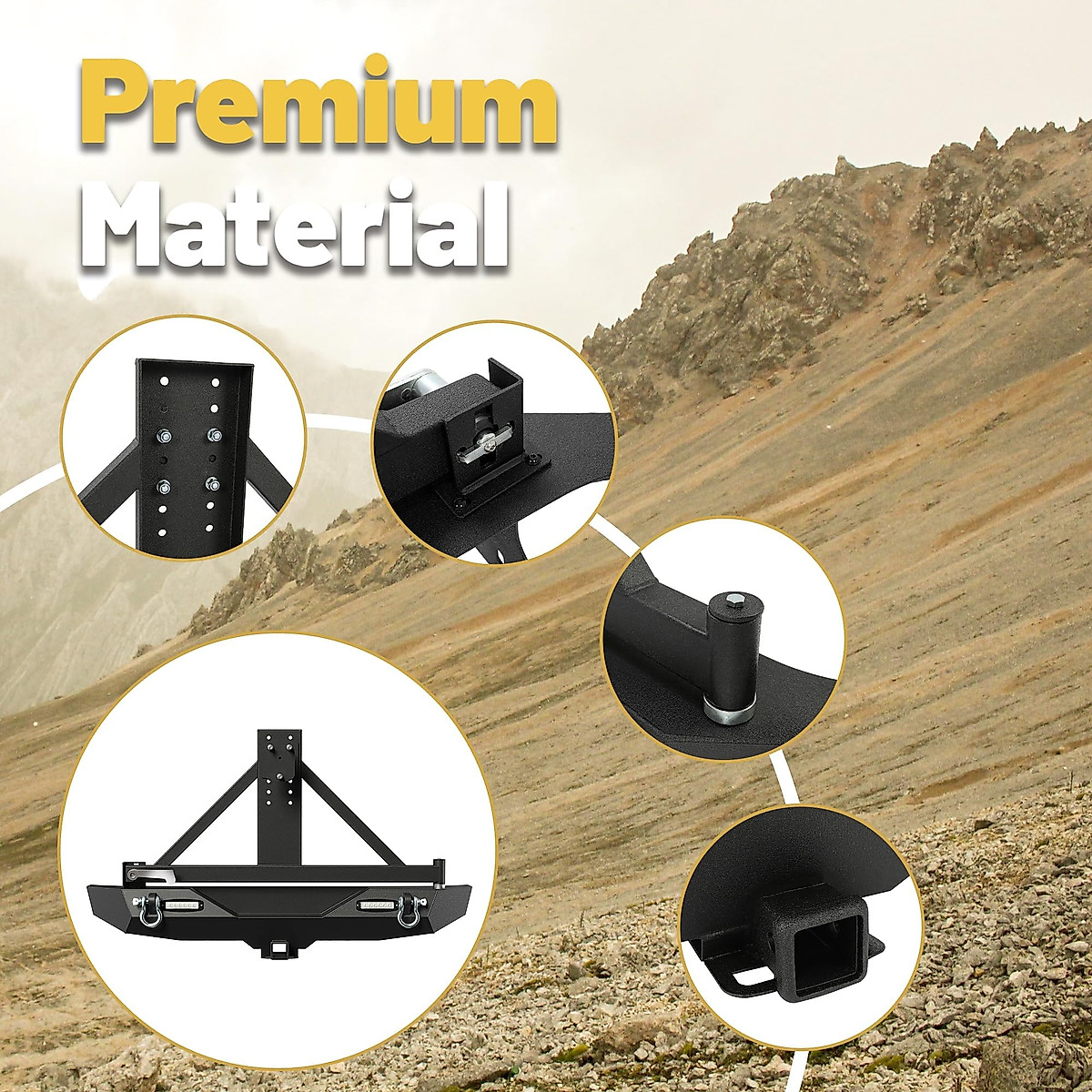 ECOTRIC Steel Rear Bumper Compatible with 2007-2018 Jeep Wrangler JK with Tire Carrier Bumper w/Lockable Tire Carrier 2" Receiver 2Pcs High Powered LED Floodlights Textured Black 2 Packages