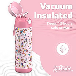 JARLSON kids water bottle with straw - CHARLI - insulated stainless steel water bottle - thermos - girls/boys (Unicorn 'Mosaic', 18 oz)