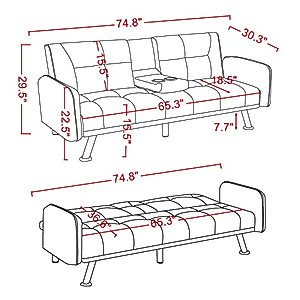SoarFlash Twin Size Convertible Futon Sofa Bed Modern Loveseat Sofa for Living Room,Bedroom Upholstery Fabric Sleeper with Armrest and 2 Cup Holder,Light Grey