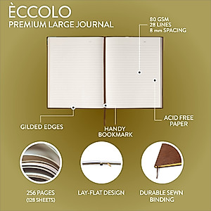 Eccolo Large Lined Journal Notebook, Hardbound Cover, Writing Journal, 256 Ruled Ivory Pages, Gilded Edge, Ribbon Bookmark, Lay Flat, Desk Size for Work or School (Brown Leatherette, 8x10 inches)