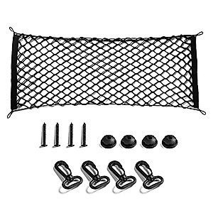 neynavy 1 Pack Car Adjustable Heavy Duty Cargo Net, 43.3" x 15.7" Double-Layer Standing Net, Stretchable Storage Mesh with Hooks, Item Storage Bag, Universal Vehicle Interior (Black)