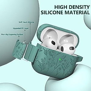 Flower Engraved Case for Apple AirPods 3 Case 2021, Soft Silicone Protective Case for AirPods 3rd Generation Case for Women Airpod Case with Clean Kit,Carabiner,Lanyard,Front LED Visible,Pine Green