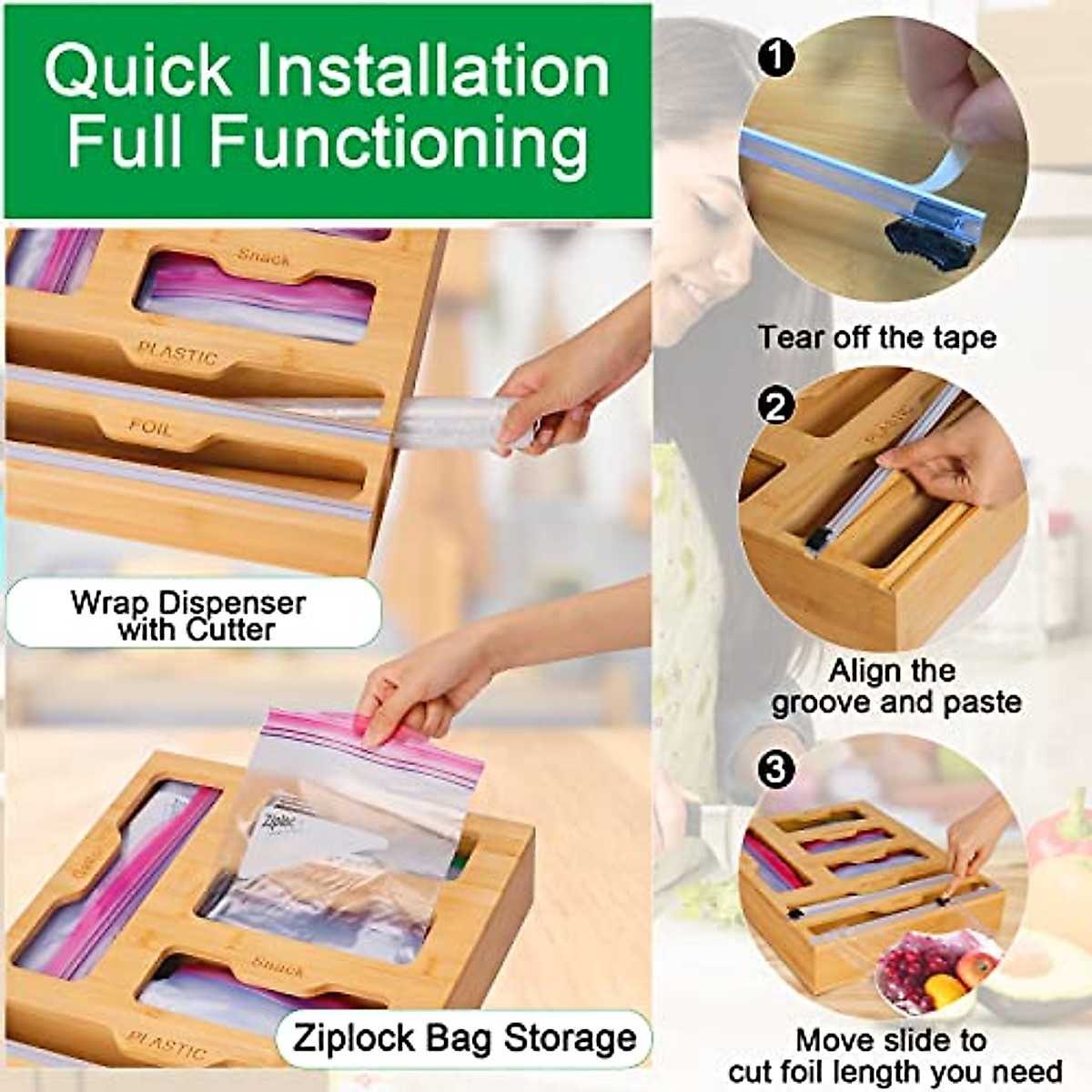 IFSNOW 6 In 1 Ziplock Bag Storage Organizer and Wrap Dispenser With Cutter, Aluminum Foil Organization and Storage for Kitchen Drawer, Bamboo Plastic Bag Organizer for Gallon Quart Sandwich Snack
