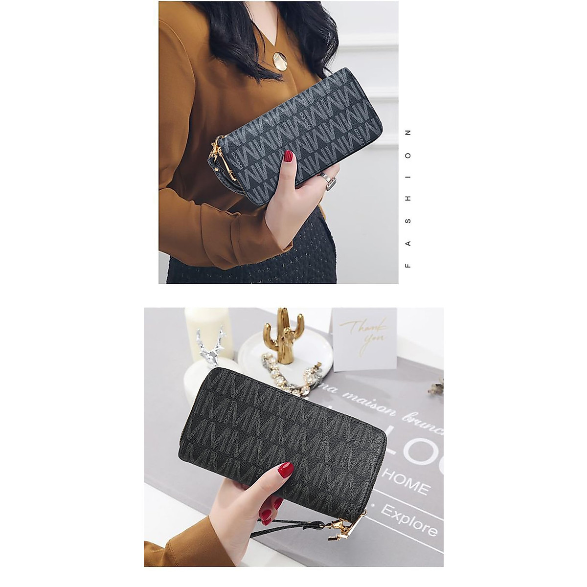 MKP COLLECTION Womens Fashion Double Zip Around Wallet Jean Denim Long Purse with Credit Card Holder, Bifold Design and Detachable Wristlet