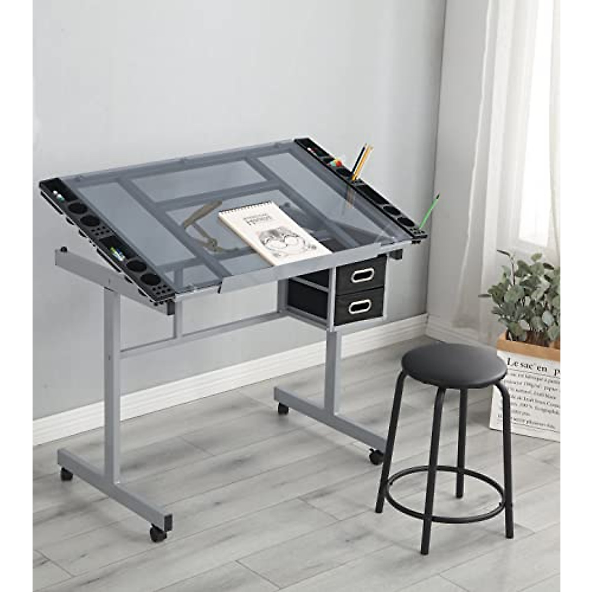 HomSof Adjustable Drafting Printing Table with Chair, Grey