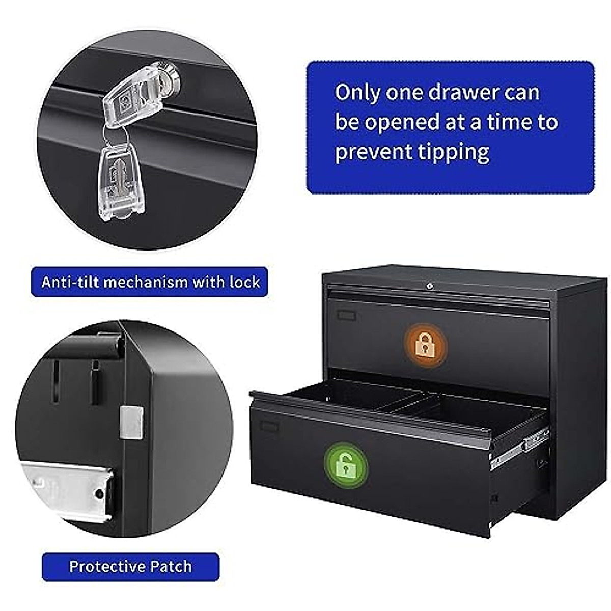 Large Wide 2 Drawer Lateral File Cabinet for Legal/Letter A4 Size,Locking Metal Steel Storage Filing Cabinets with Anti-tilt Mechanism for Home Office (Black-2 Drawer)