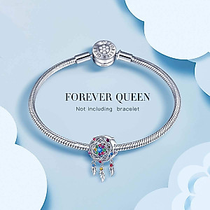 FOREVER QUEEN Dream Catcher Charm fit Charms Bracelet 925 Sterling Silver Feathers Tassel Bead Charm with Colorful Stones Pendant for European Bracelets Necklace