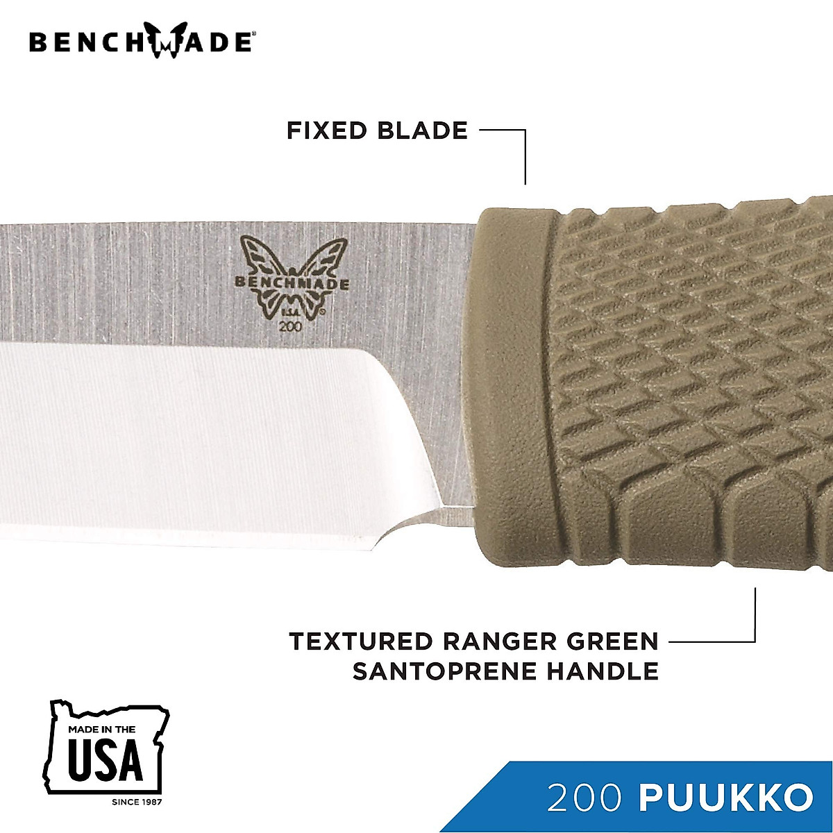 Benchmade - 200 Puukko Knife, Drop-Point Blade, Plain Edge, Ranger Green Santoprene Handle