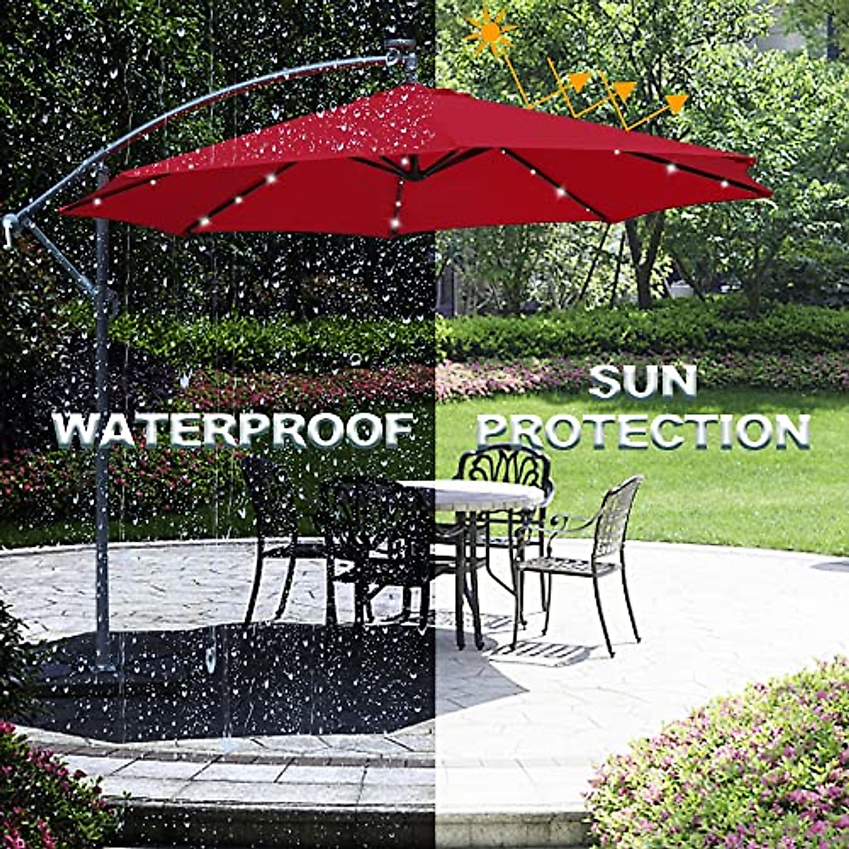 Blissun 10ft Offset Umbrella with 36 Solar LED Lights, Hanging Lighted Patio Umbrella with 360 Rotation, Outdoor Cantilever Umbrella (Red)