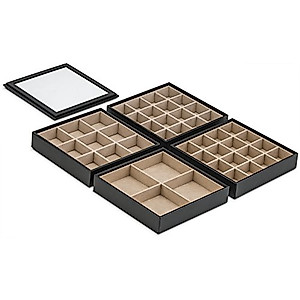 Glenor Co Earring Organizer Tray - 4 Stackable Trays with Lid -45 Slot Classic Jewelry Storage Display Case for Drawer or Dresser - Holder for Earring Ring Necklace or Cufflinks - Large Mirror - Black
