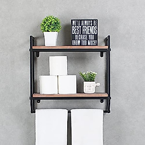 Industrial Bathroom Shelves Wall Mounted,Rustic Pipe Shelving Wood Shelf with Towel Bar,Farmhouse Towel Rack,Metal Floating Shelves Towel Holder,Shelf Over Toilet(Blcak)
