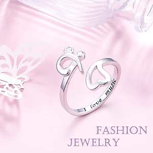 I Love Music Ring 925 Sterling Silver Cubic Zirconia Musical Note Heart Charm Adjustable Open Ring Gift for Women Music Lover, 9