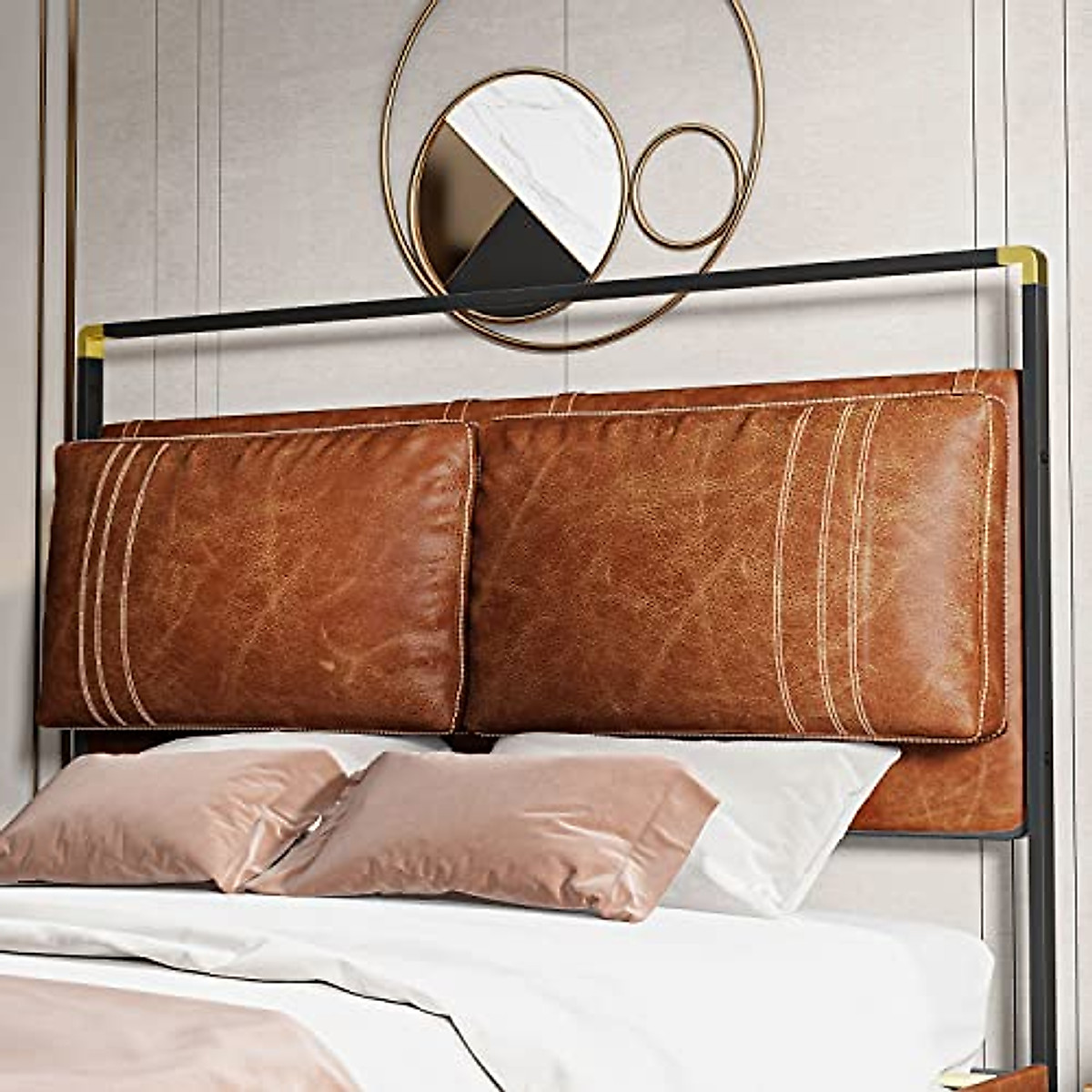 SAMTRA Queen Size Platform Bed Frame Upholstered Faux Leather Bed with Wooden Slat Support, No Box Spring Needed, Sturdy and Noise-Free, Brown